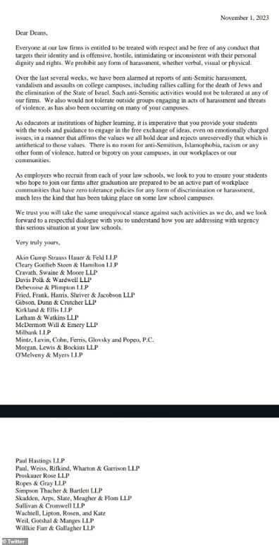 America's largest law firms pen LETTER to Ivy Leagues warning anti ...