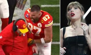 Travis Kelce suffers Super Bowl sideline MELTDOWN as Taylor Swift's boyfriend pushes his coach ...
